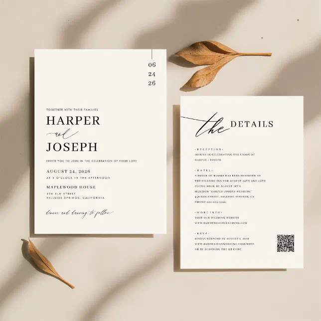 Simple Elegant Black All In One QR Code Wedding Invitation | Zazzle