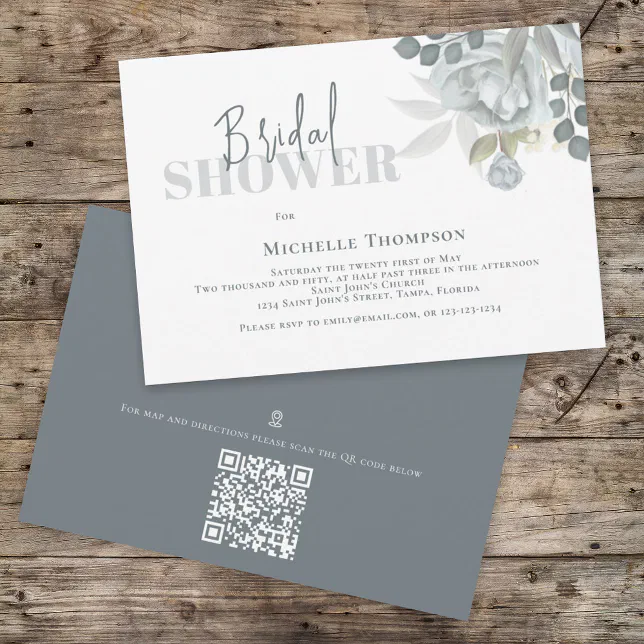 Simple Floral Bridal Shower Blue QR Code Map Invitation | Zazzle
