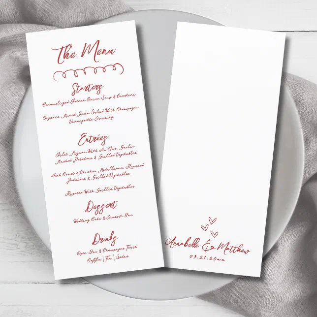 Simple Hand Drawn Red Whimsical Wedding Menu | Zazzle