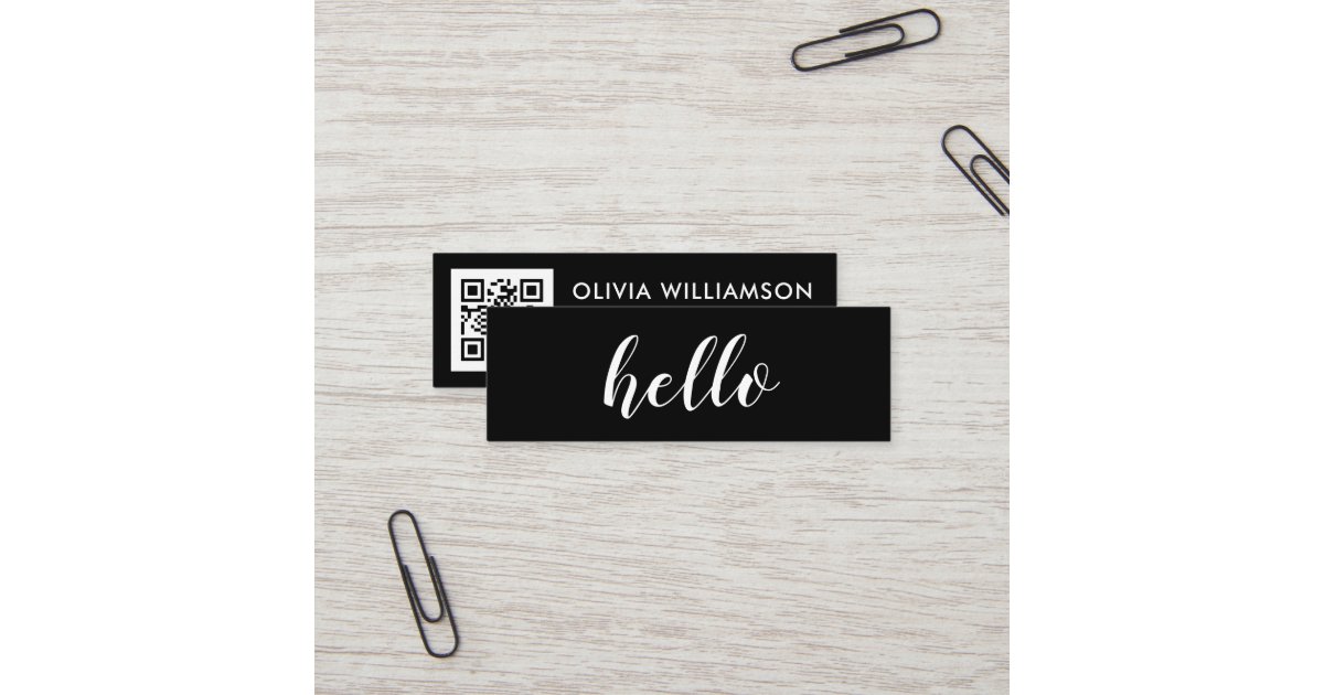 Simple Modern Black Hello QR Code Mini Business Card | Zazzle