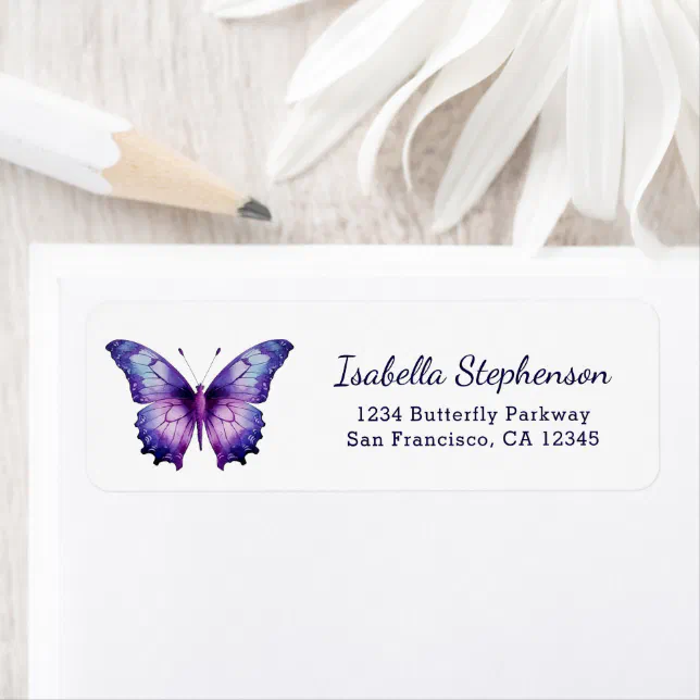 Simple Purple Watercolor Butterfly Return Address Label | Zazzle