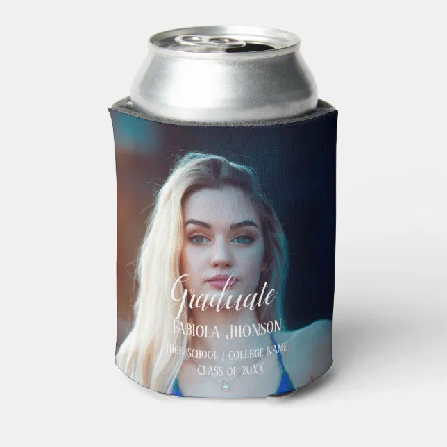 Simple script graduation photo can cooler | Zazzle