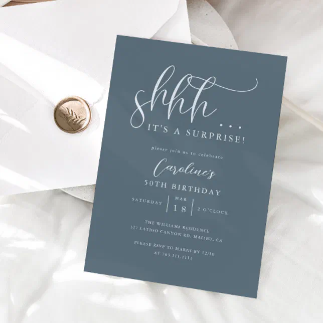 Simple Surprise Birthday Party Slate Blue Invitation | Zazzle