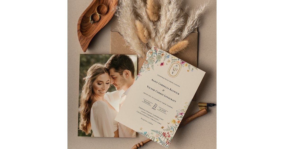 Simple Wildflower Fern Wedding Monogram Photo Invitation | Zazzle