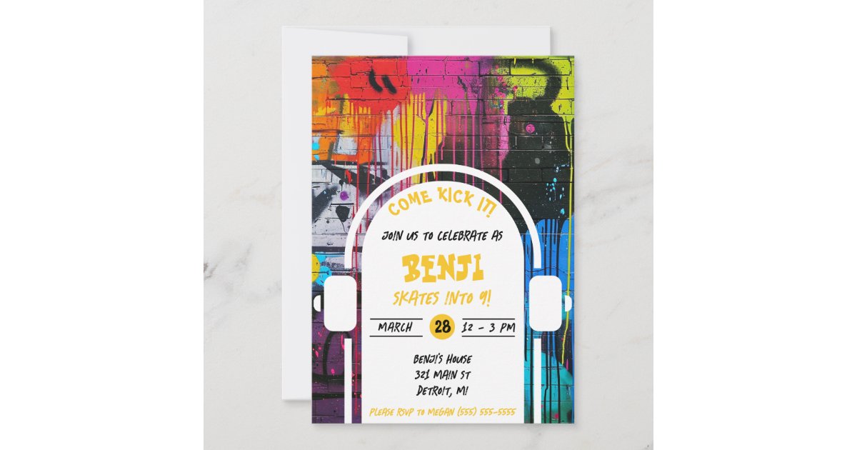 Skateboarding,Come Kick It Graffiti Birthday Party Invitation | Zazzle