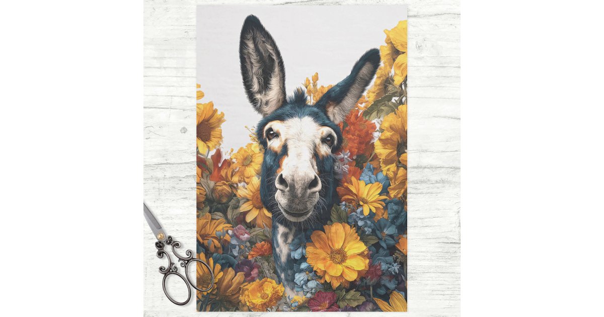 Smiling Donkey in Wildflower Garden Decoupage Tissue Paper | Zazzle