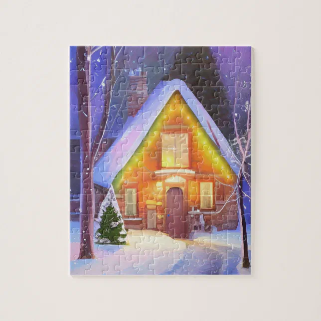 SNOW CABIN ART CHRISTMAS JIGSAW PUZZLE | Zazzle