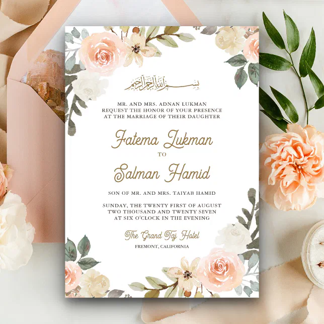 Soft Pastel Peach Floral Islamic Muslim Wedding Invitation | Zazzle