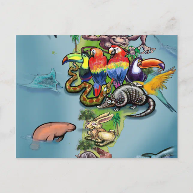 South American Animals World Map Postcard | Zazzle