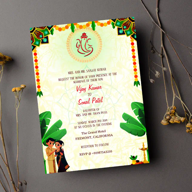 South Indian Hindu Wedding Ganesha and Banana Tree Invitation | Zazzle