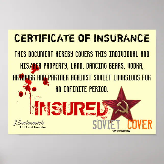 Soviet Cover Certificate Of Insurance Poster | Zazzle