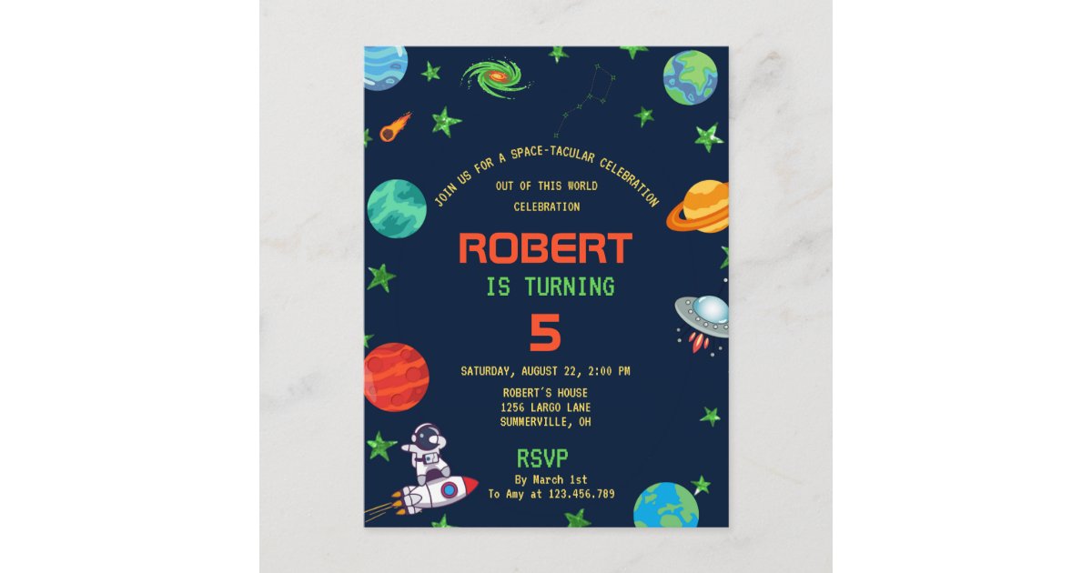 SPACE-TACULAR CELEBRATION BIRTHDAY INVITATION POSTCARD | Zazzle