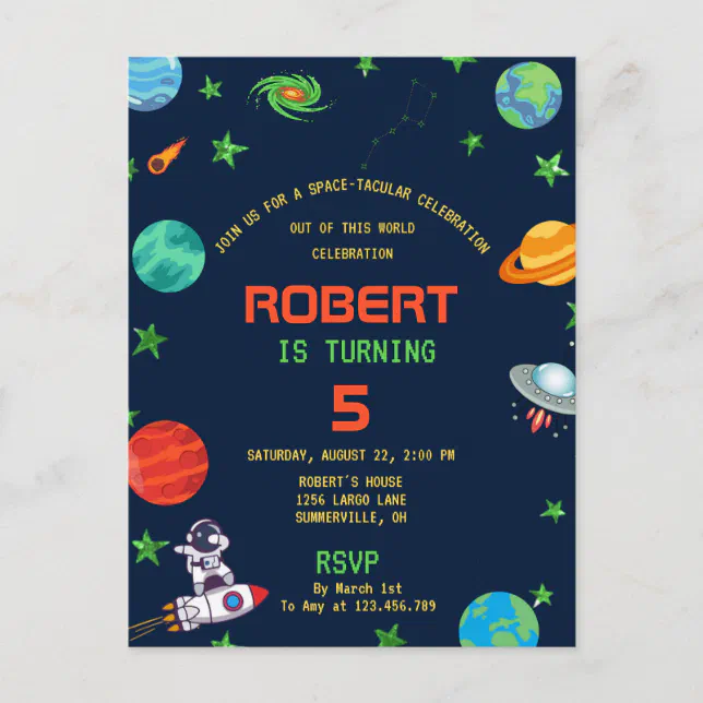 SPACE-TACULAR CELEBRATION BIRTHDAY INVITATION POSTCARD | Zazzle