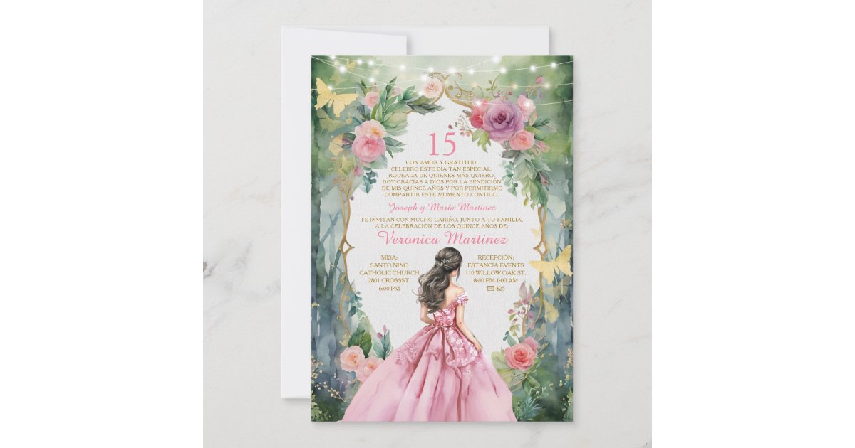 Spanish Blush Pink Princess Dress Forest 15 Años Invitation | Zazzle