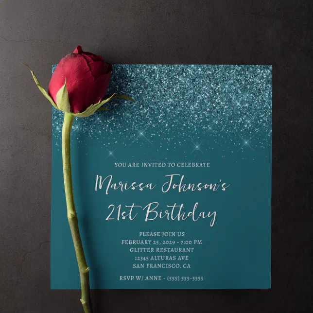 Sparkly Glittery Dark Teal 21st Birthday Invitation | Zazzle