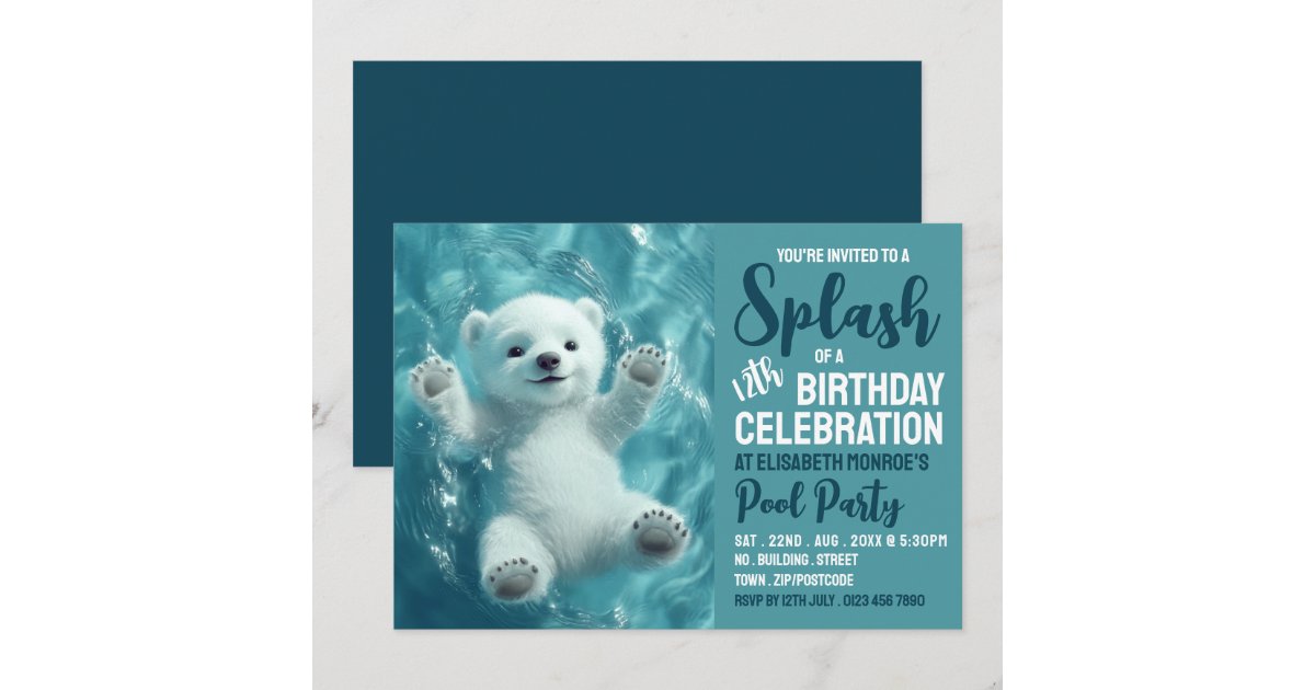 Splashing Polar Bear, Pool Party Birthday Invitation | Zazzle