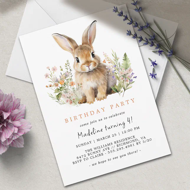 Spring Bunny Rabbit | Cute Any Age Girls Birthday Invitation | Zazzle