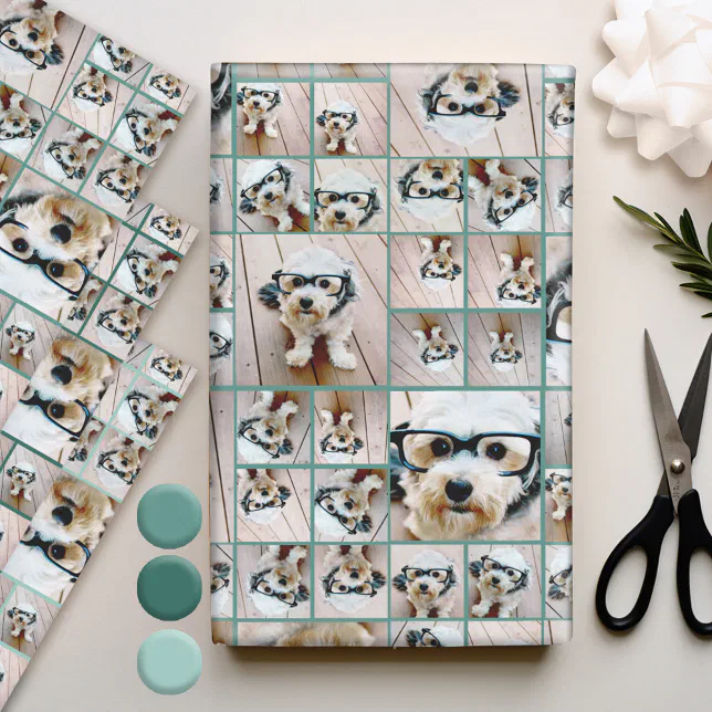 Square Photo Collage - Up to 14 photos Teal Green Wrapping Paper Sheet ...