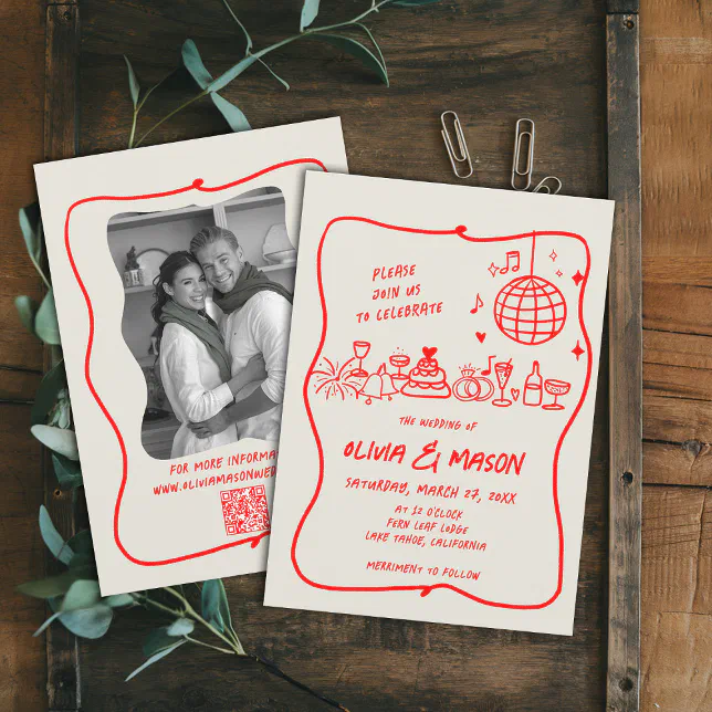 Squiggle Hand-Drawn Modern Doodle Red Ecru Wedding Invitation | Zazzle