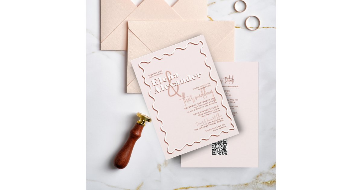 Squiggly Wavy Blush Rust RSVP QR Code Wedding Invitation | Zazzle
