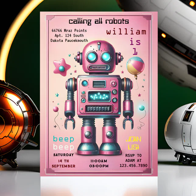 stage boy cute Toy funny robot first 1st birthday Invitation | Zazzle