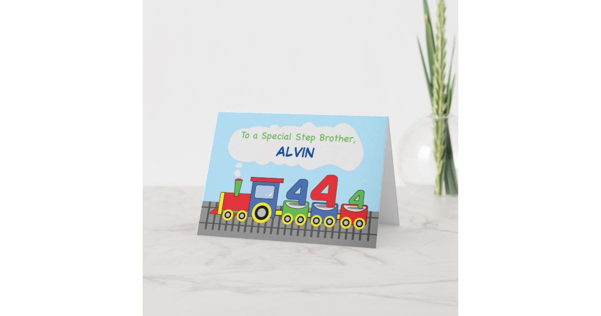Step Brother 4th Birthday Colourful Train on Track Card | Zazzle