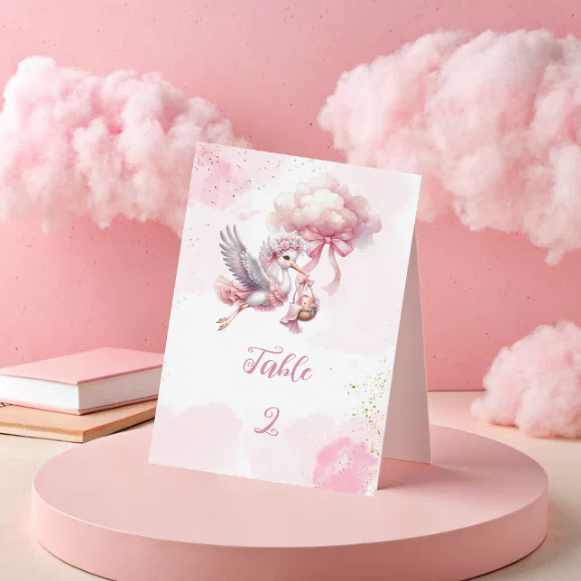 Stork Baby Shower – Pink Clouds & Gold sparkle Table Number | Zazzle