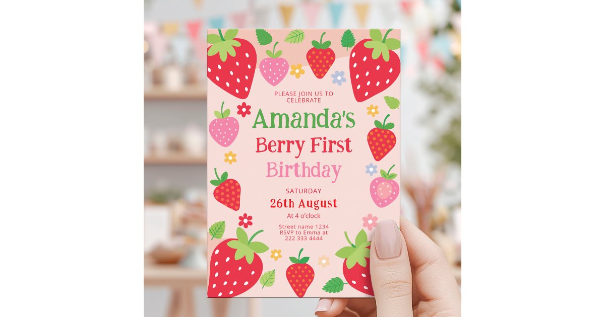 Strawberry 1st Birthday, First Berry Birthday Invitation | Zazzle