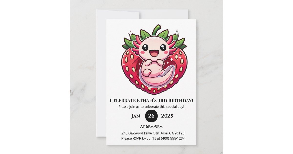 Strawberry Axolotl Joy Birthday Invitation | Zazzle