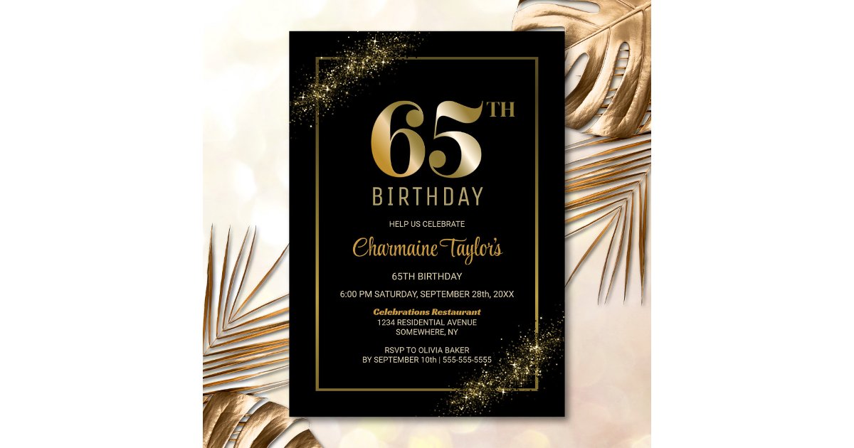 Stylish Black Gold 65th Birthday Party Invitation | Zazzle