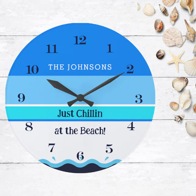 Stylish Blue Stripes Wave Family Name Beach House Large Clock | Zazzle