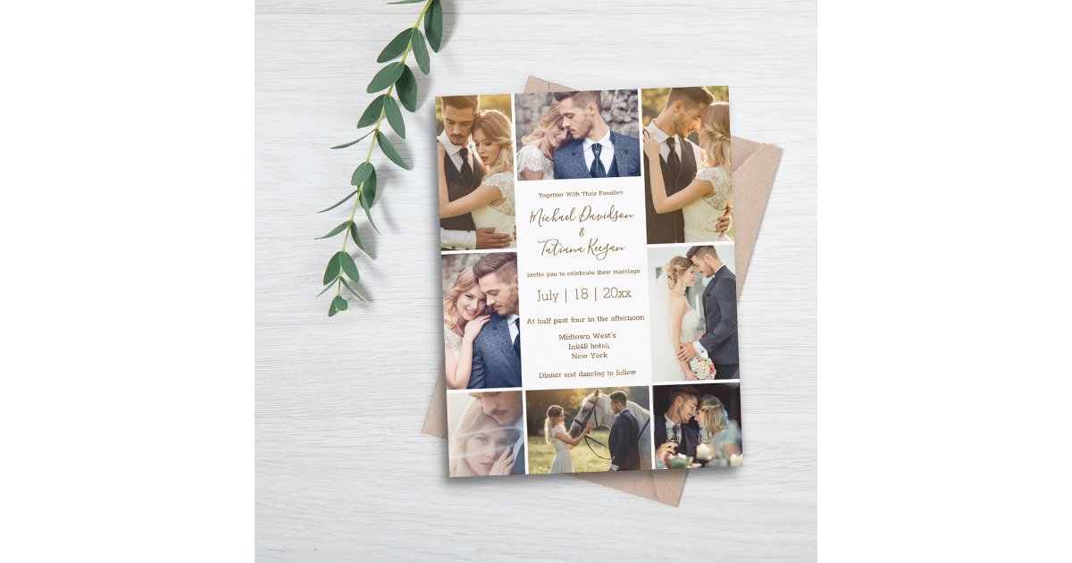 stylish chic 8 photos collage brown wedding invitation | Zazzle