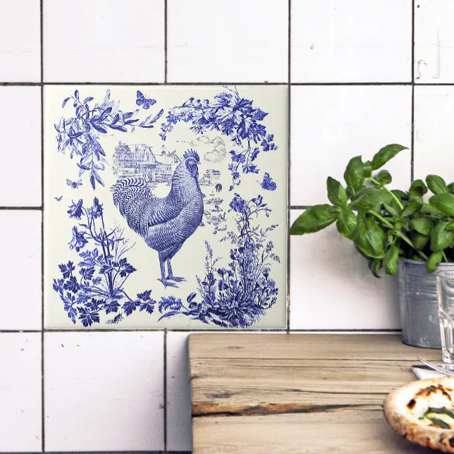 Stylish Elegant Vintage Rooster Blue Floral Toile Ceramic Tile | Zazzle