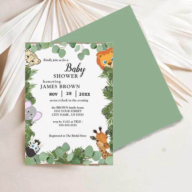 Stylist Eucalyptus Jungle Animals Boy Baby Shower Invitation | Zazzle