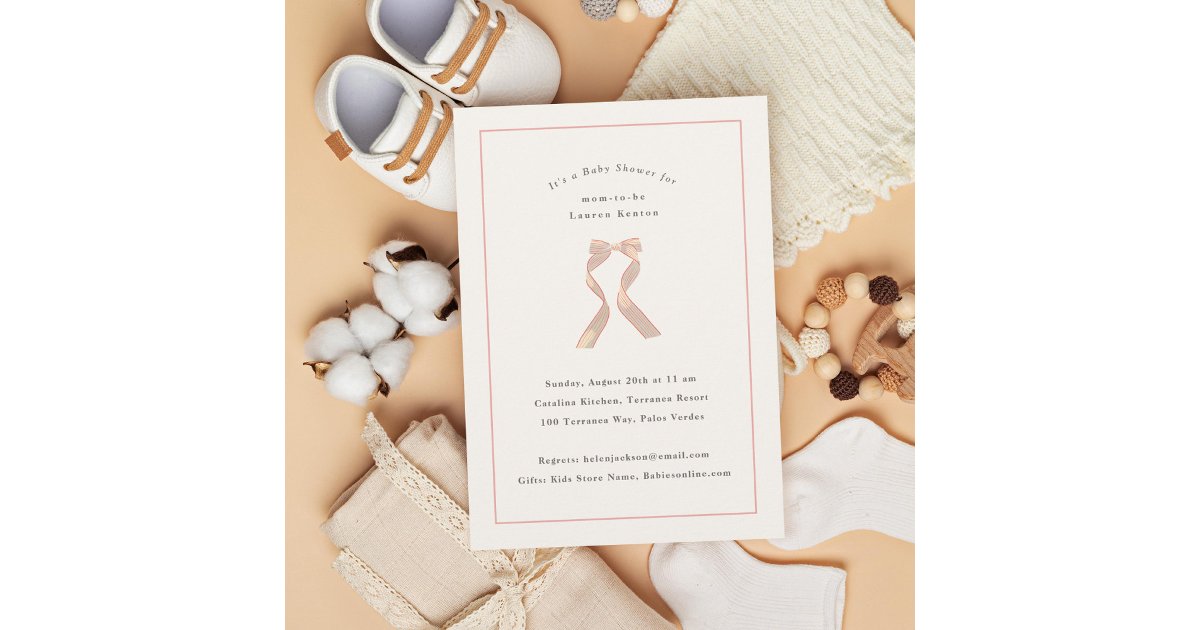 Subtle Pink Bow Classic Girl Baby Shower Invitation | Zazzle
