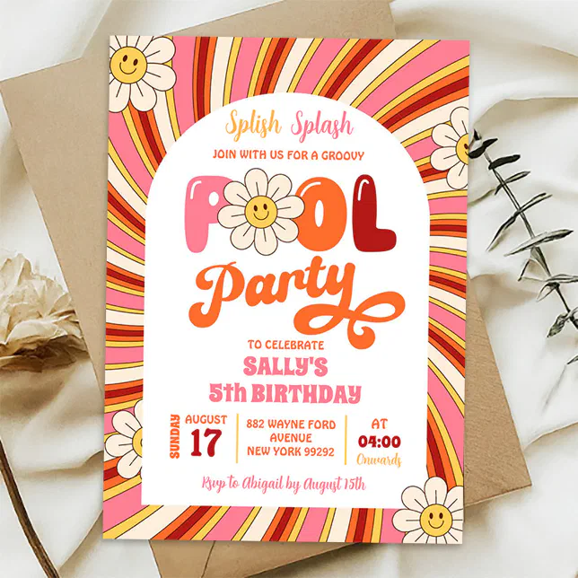 Summer Retro Groovy Daisy Pool Party Birthday Invitation | Zazzle