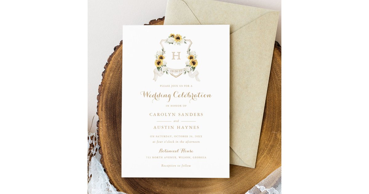 Sunflowers Hydrangea Crest Monogram Wedding Invitation | Zazzle