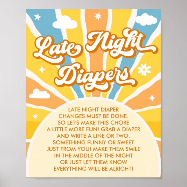 Sunshine Baby Shower Late Night Diapers Game Poster | Zazzle