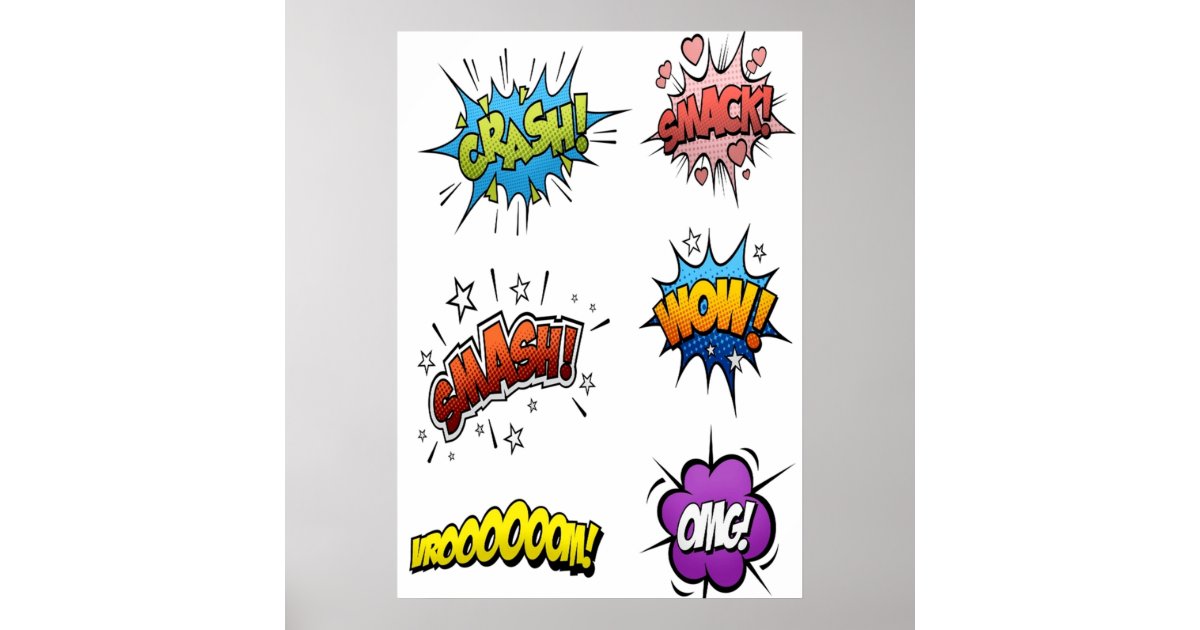 Superhero and super villain onomatopoeia poster | Zazzle