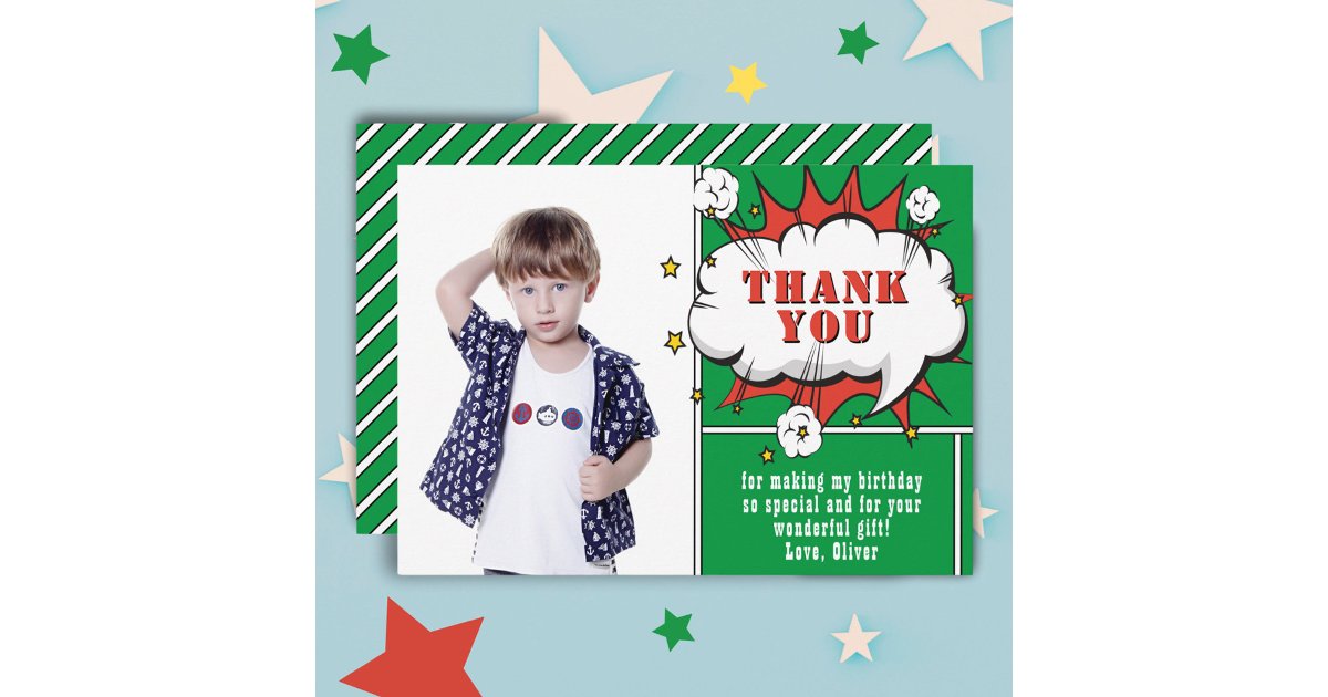 Superhero Comic Speech Cloud Boy Photo Birthday Thank You Card | Zazzle