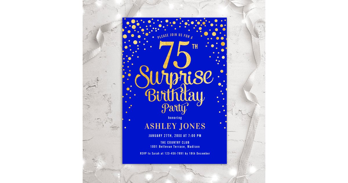 Surprise 75th Birthday Party - Royal Blue & Gold Invitation | Zazzle