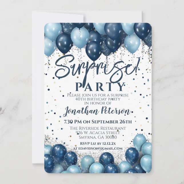 Surprise Birthday Party Blue Balloon Invitation | Zazzle