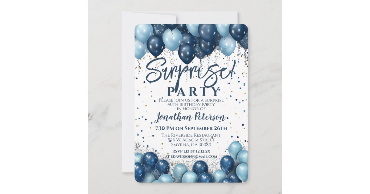 Surprise Birthday Party Blue Balloon Invitation | Zazzle