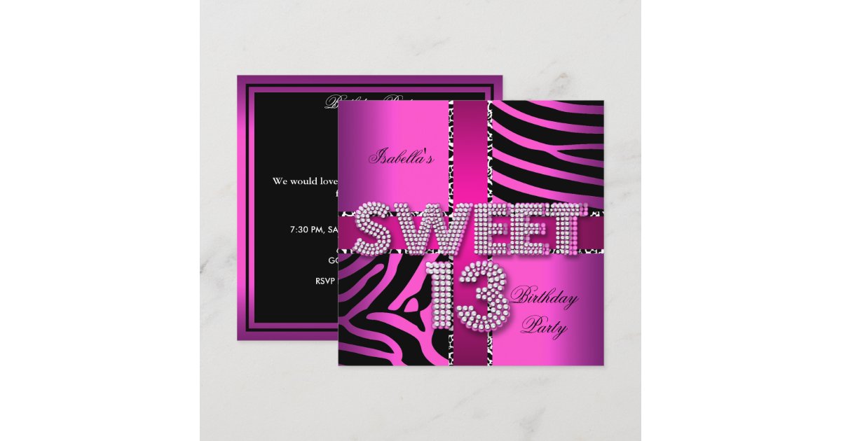 Sweet 13 13th Birthday Zebra Cow Pink Black Invitation | Zazzle