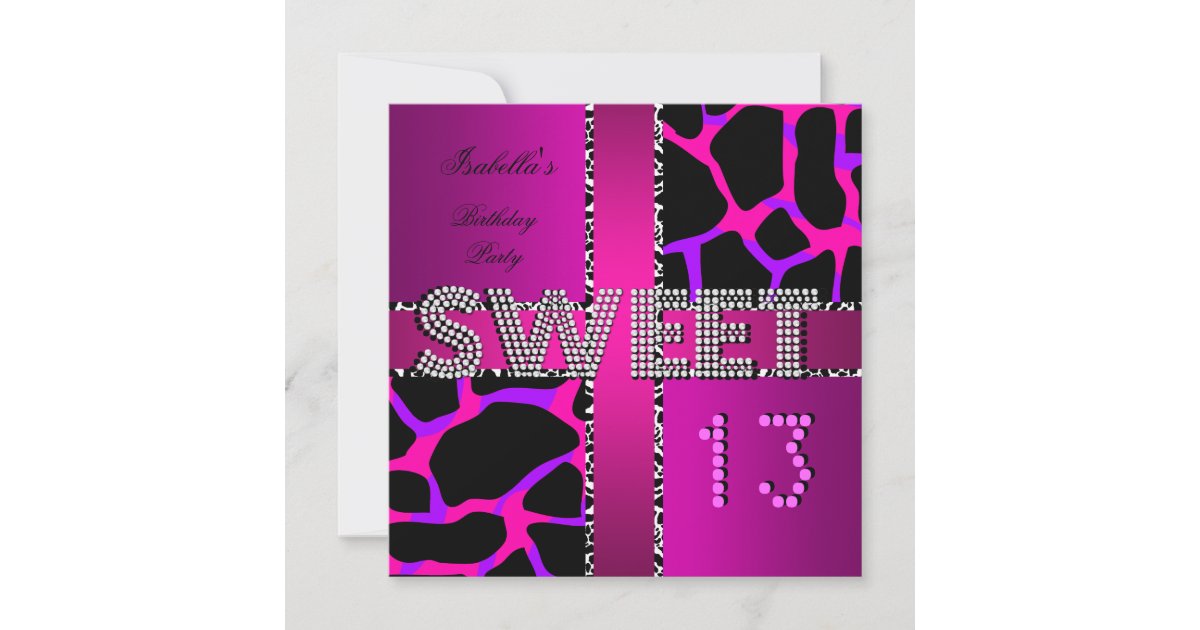 Sweet 13 13th Birthday Zebra Cow Pink Purple Invitation | Zazzle