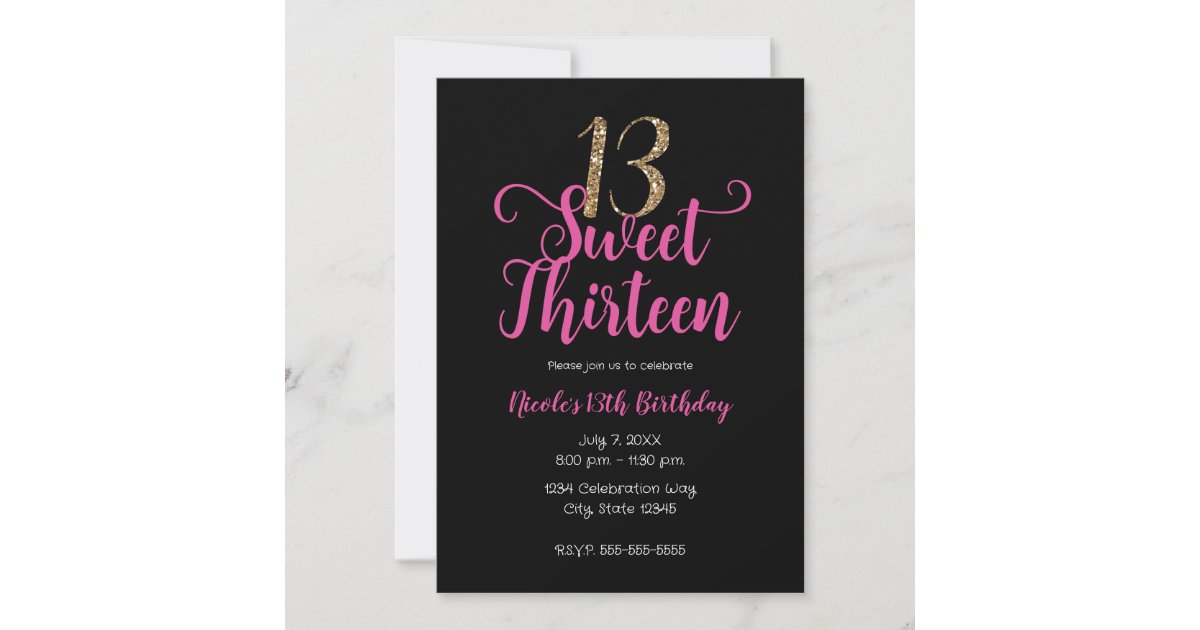 Sweet 13 Pink Black Gold Thirteenth Birthday Party Invitation | Zazzle