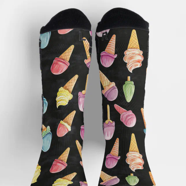 Sweet Ice Cream Chalk Drawing Pattern Black Socks | Zazzle
