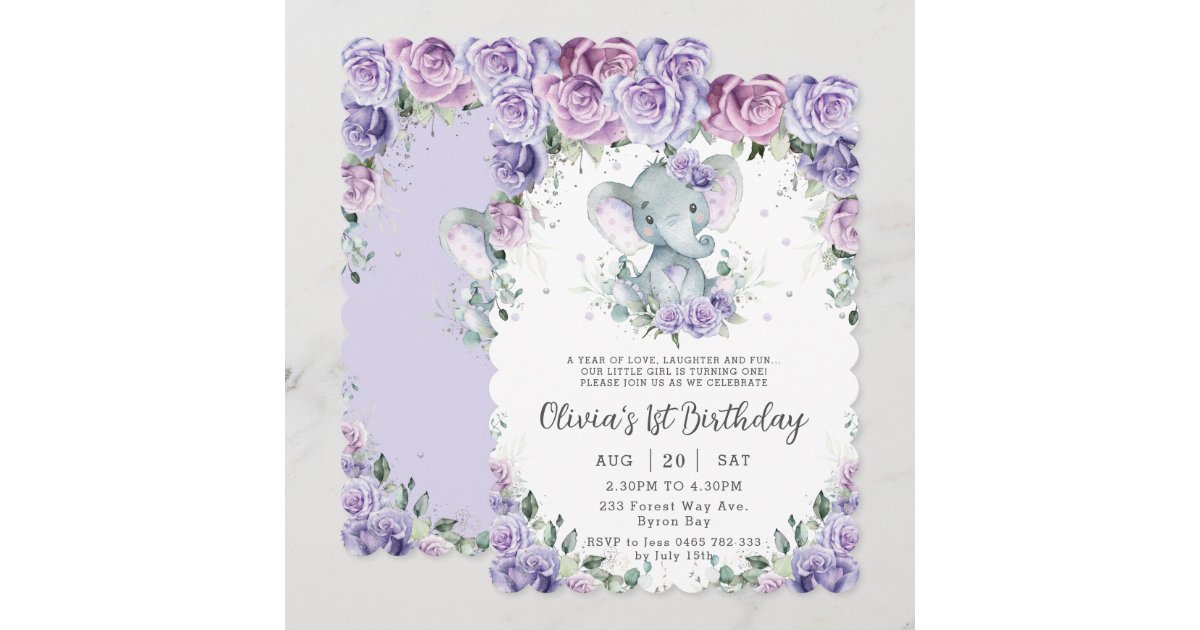 Sweet Purple Floral Adorable Elephant Birthday Invitation | Zazzle