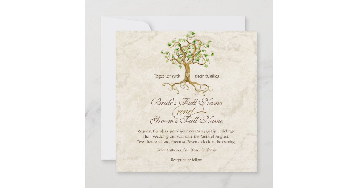 Swirl Tree Roots Antiqued Green Parchment Wedding Invitation | Zazzle