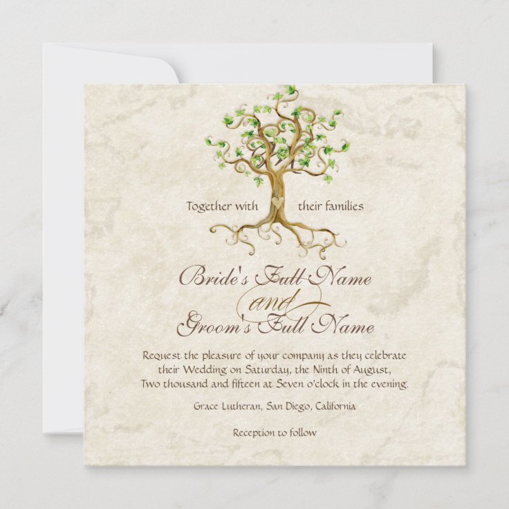 Swirl Tree Roots Antiqued Green Parchment Wedding Invitation | Zazzle